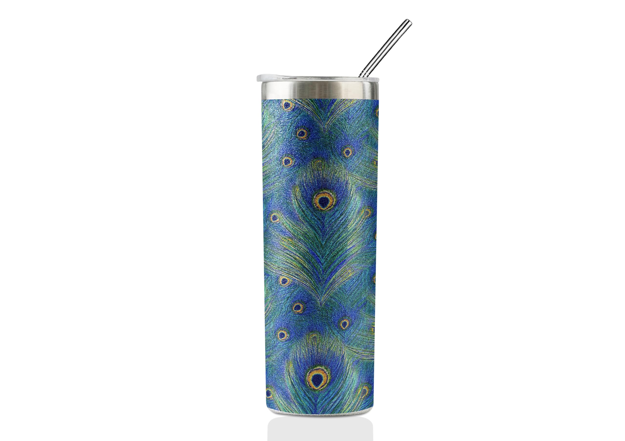Onebttl Peacock Skinny Glitter Tumbler Gifts For Women, Female and Her - Peacock Feather - 20oz/590ml Stainless Steel Insulated Tumbler with Straw, Lid - Gift for Peacock Lovers