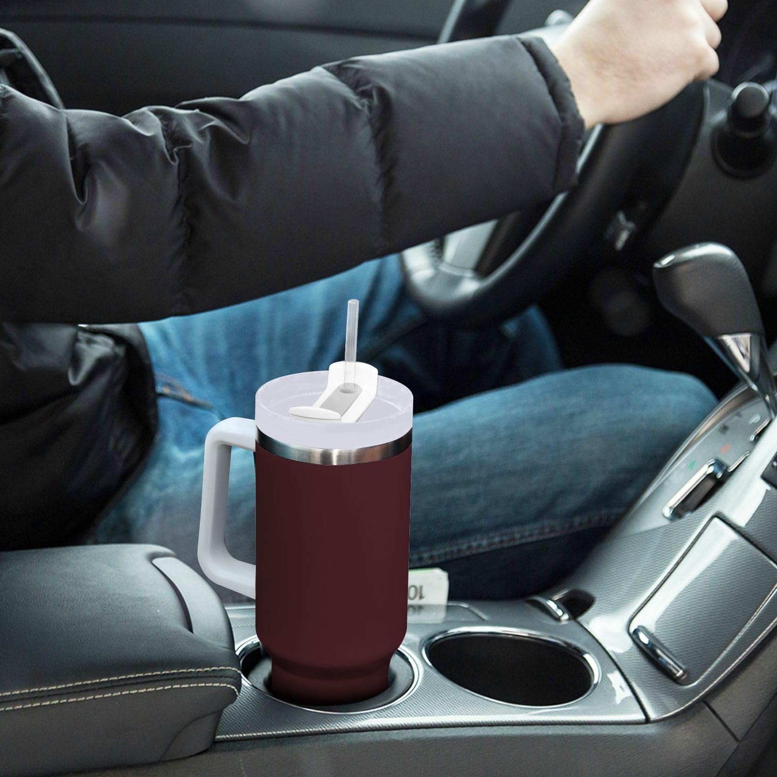 MCHIVER Maroon 30 oz Tumbler with Handle and Straw Stainless Steel Vacuum Water Bottle Leak-proof Travel Coffee Mug Insulated Cup for Office Car Home