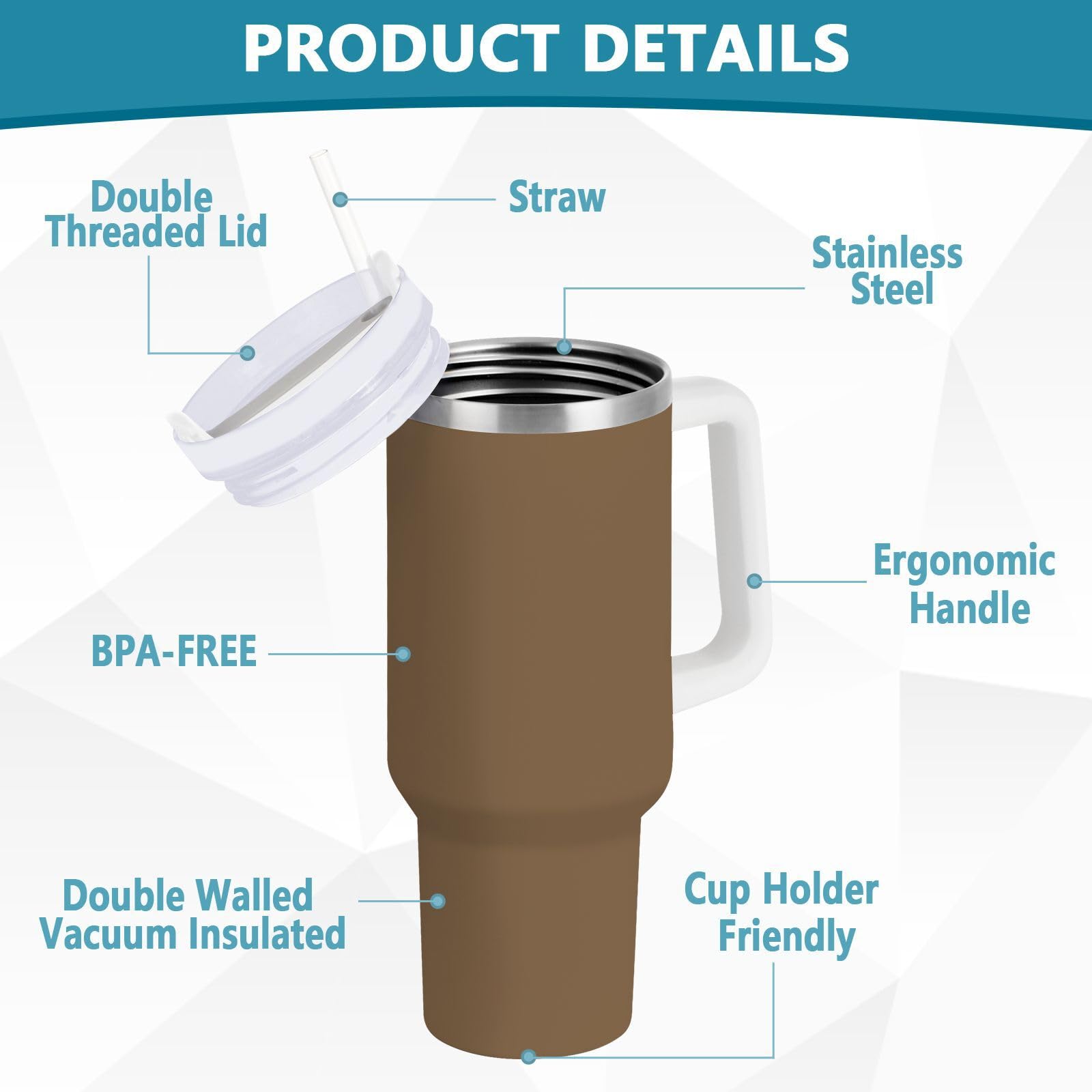 MCHIVER Khaki 30 oz Tumbler with Handle and Straw Stainless Steel Vacuum Water Bottle Leak-proof Travel Coffee Mug Insulated Cup for Car Home Office