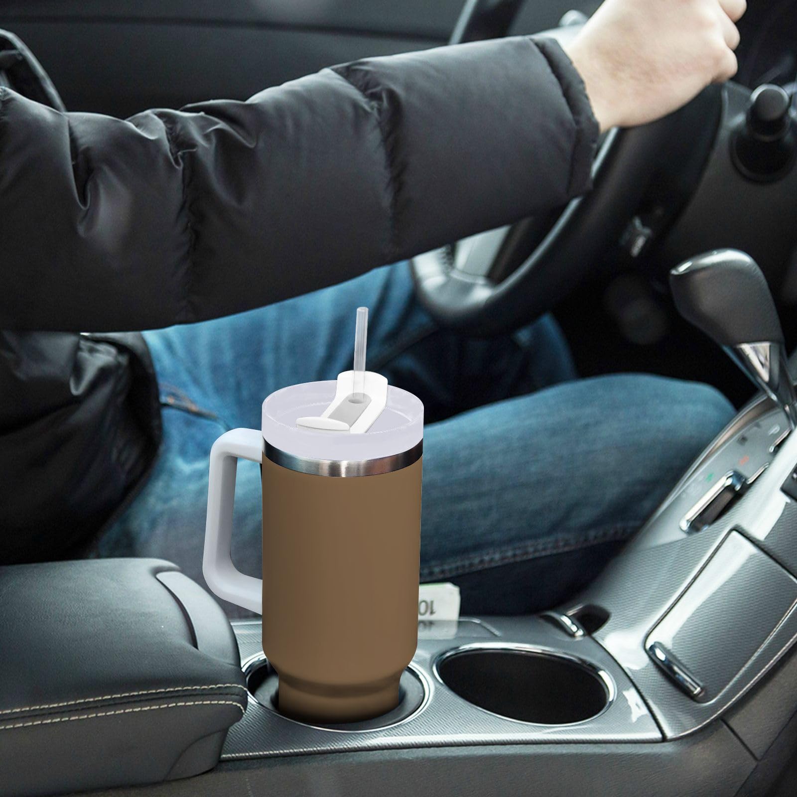 MCHIVER Khaki 30 oz Tumbler with Handle and Straw Stainless Steel Vacuum Water Bottle Leak-proof Travel Coffee Mug Insulated Cup for Car Home Office
