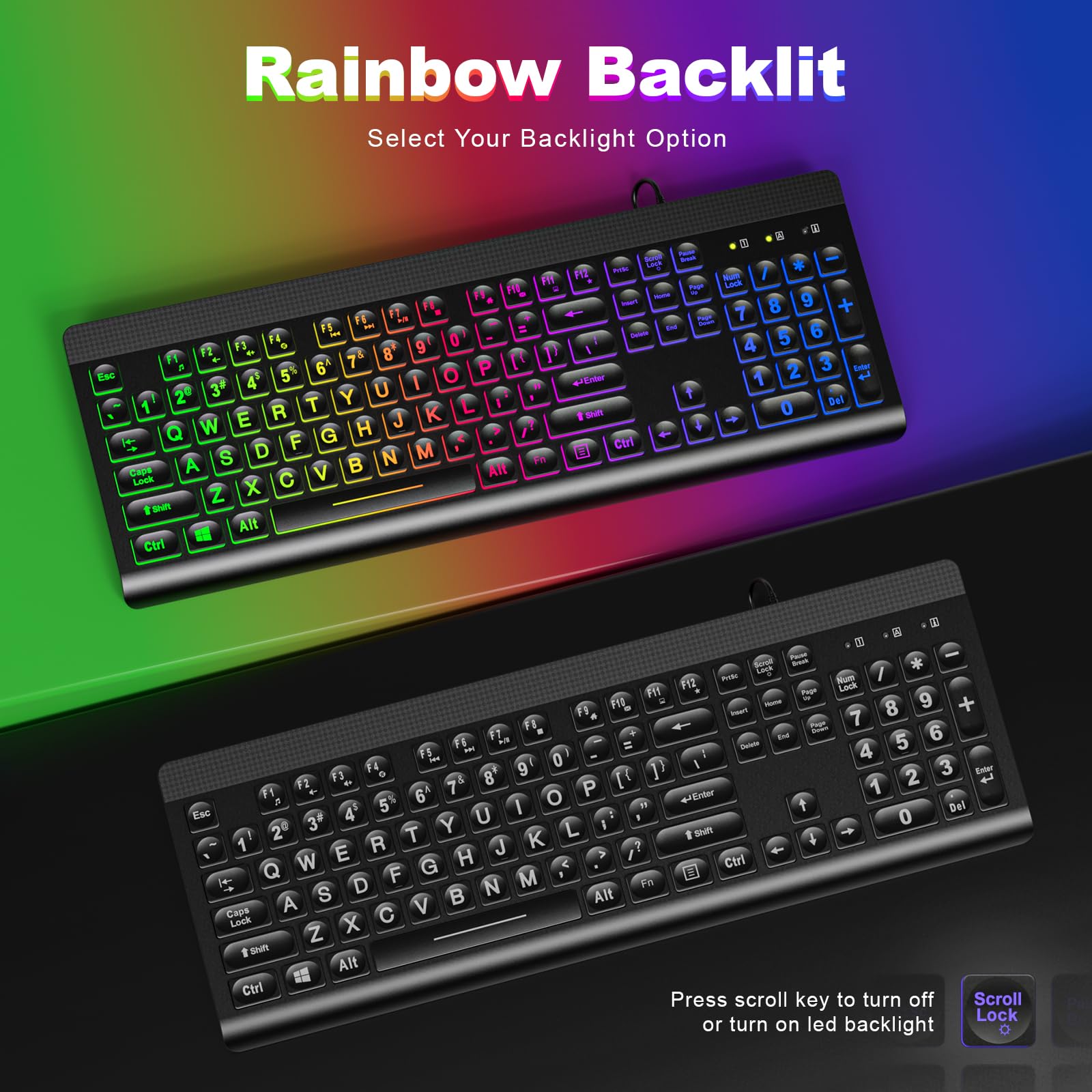Meidosa Backlit Keyboard Wired Large Print, Computer Keyboard with Rainbow Illuminated LED, USB Keyboard with Numeric Keypad and Media Hotkey for Windows PC Laptop