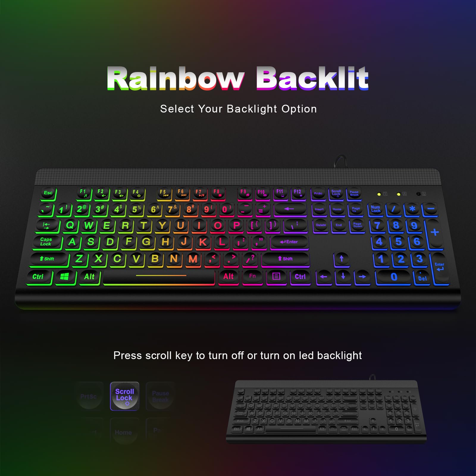 Meidosa Backlit Keyboard Wired Large Print, Computer Keyboard with Rainbow Illuminated LED, USB Keyboard with Numeric Keypad and Media Hotkey for Windows PC Laptop