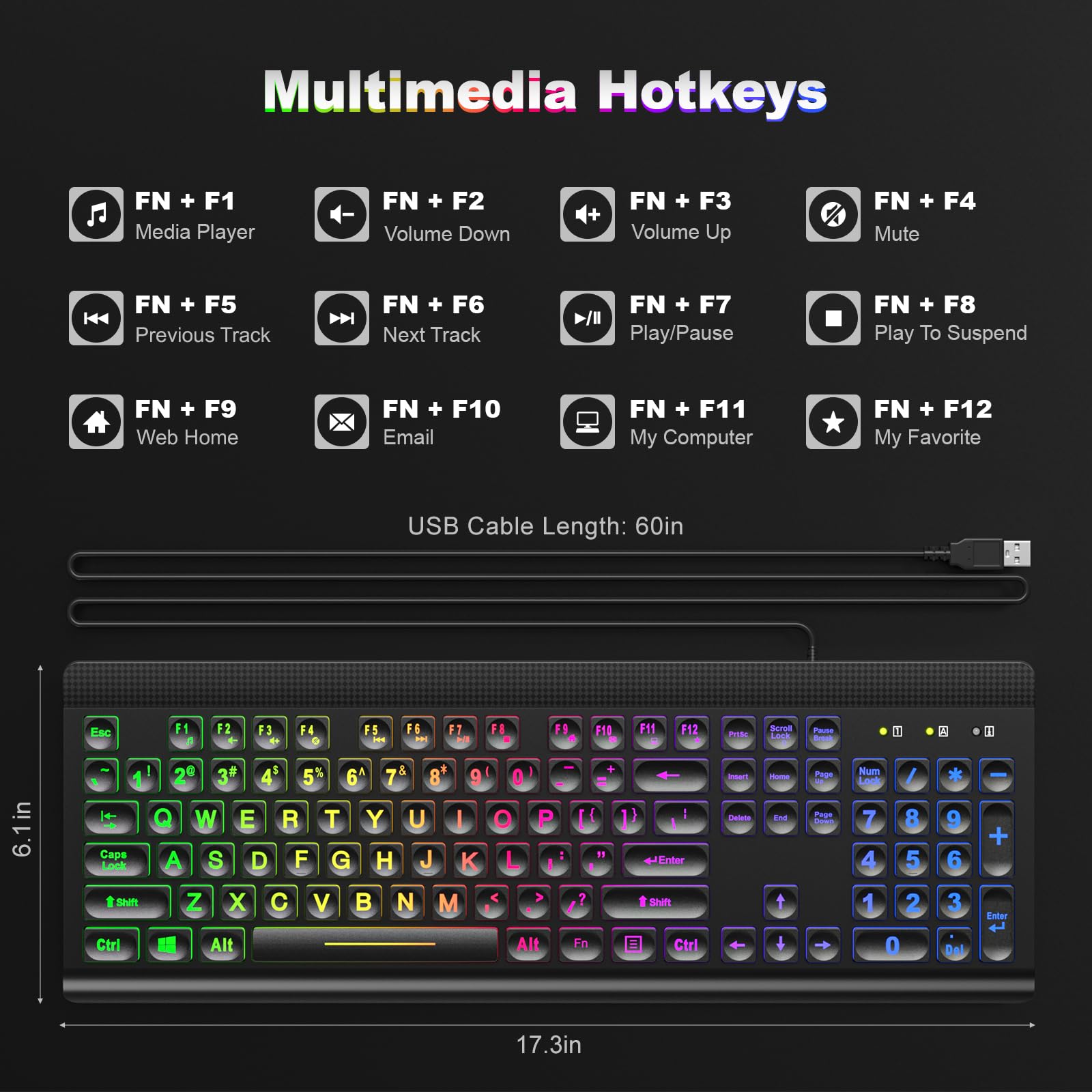 Meidosa Backlit Keyboard Wired Large Print, Computer Keyboard with Rainbow Illuminated LED, USB Keyboard with Numeric Keypad and Media Hotkey for Windows PC Laptop
