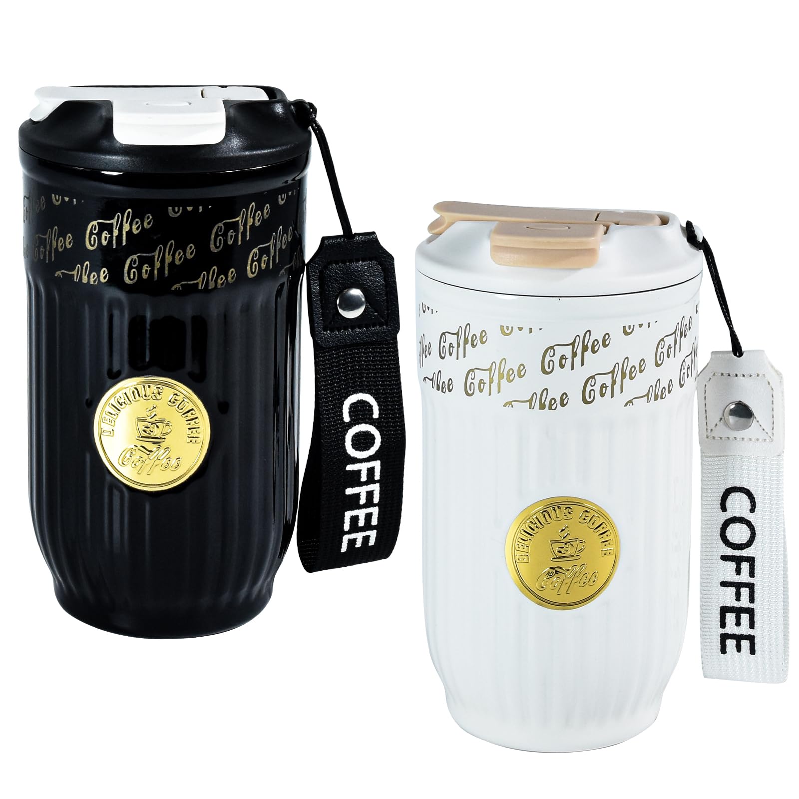 14oz Insulated Travel Tumblers with Lid and Straw, 2 Pack Travel Coffee Mug Stainless Steel Vacuum Thermos Cup, Leak Proof Reusable Cute Coffee Tumbler for Iced and Hot Drinks