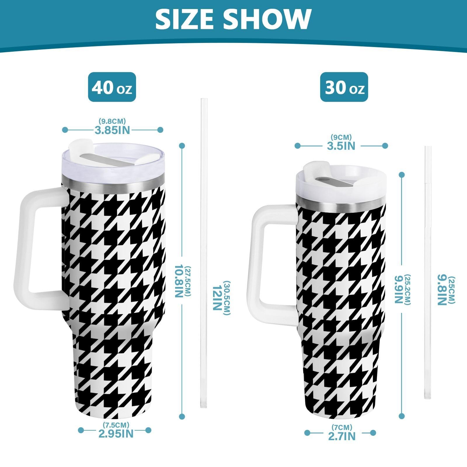 ZZXXB Black and White Houndstooth Insulated Stainless Steel Water Bottle with Handle and Straw Lid Double Walled Travel Mug 40 oz