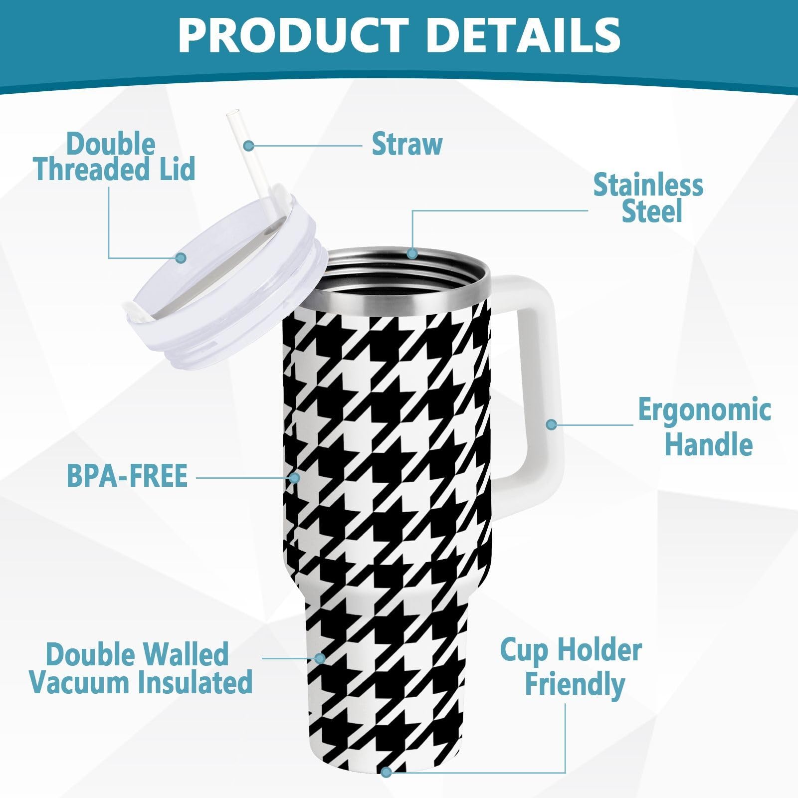 ZZXXB Black and White Houndstooth Insulated Stainless Steel Water Bottle with Handle and Straw Lid Double Walled Travel Mug 40 oz