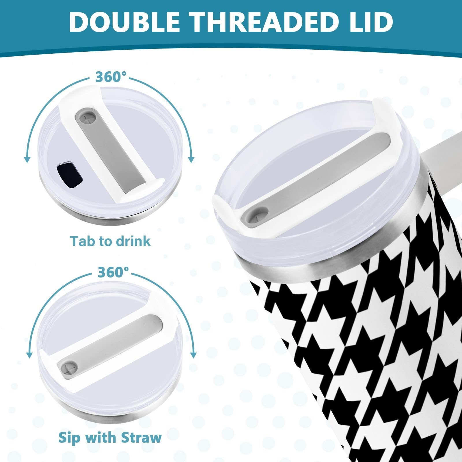 ZZXXB Black and White Houndstooth Insulated Stainless Steel Water Bottle with Handle and Straw Lid Double Walled Travel Mug 40 oz