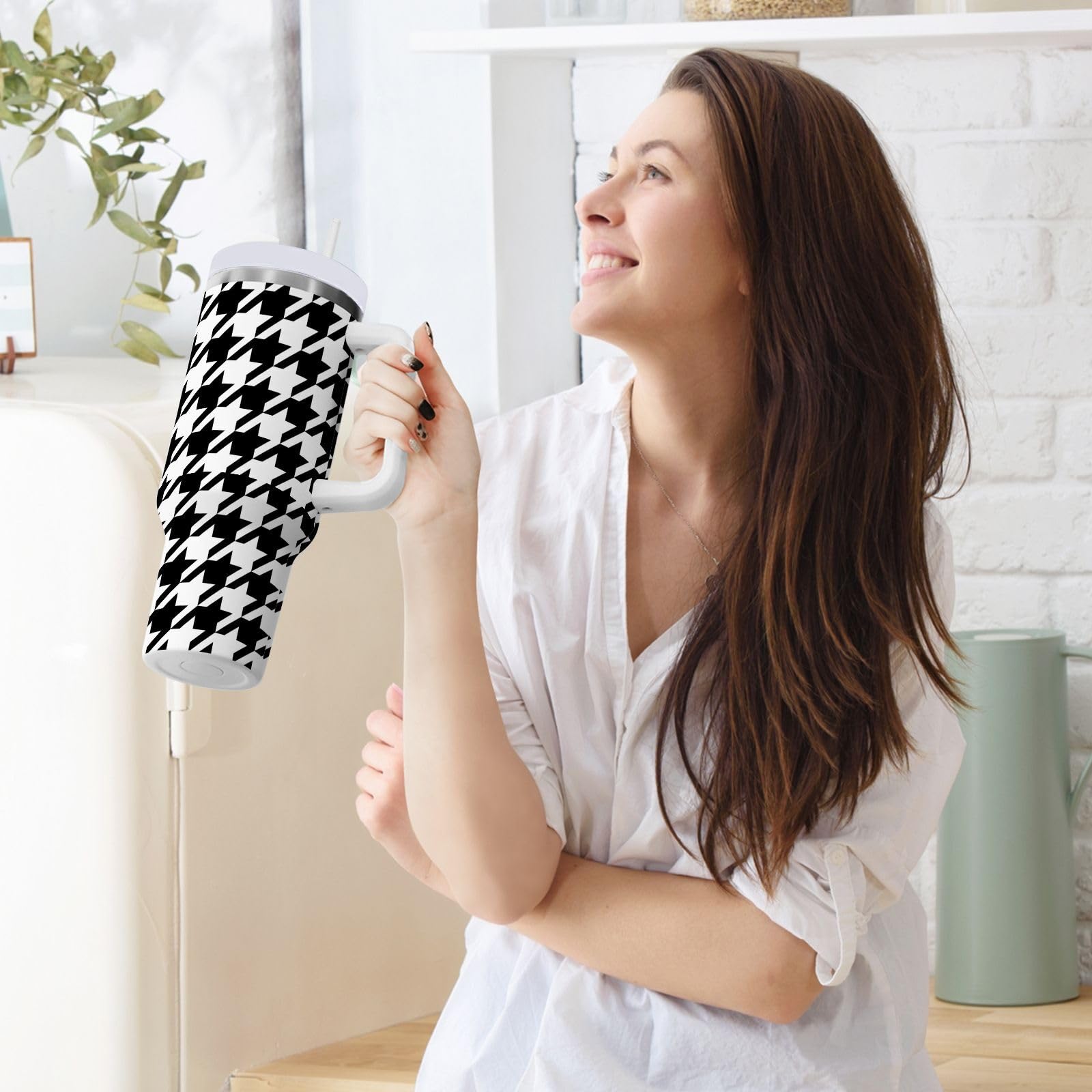 ZZXXB Black and White Houndstooth Insulated Stainless Steel Water Bottle with Handle and Straw Lid Double Walled Travel Mug 40 oz