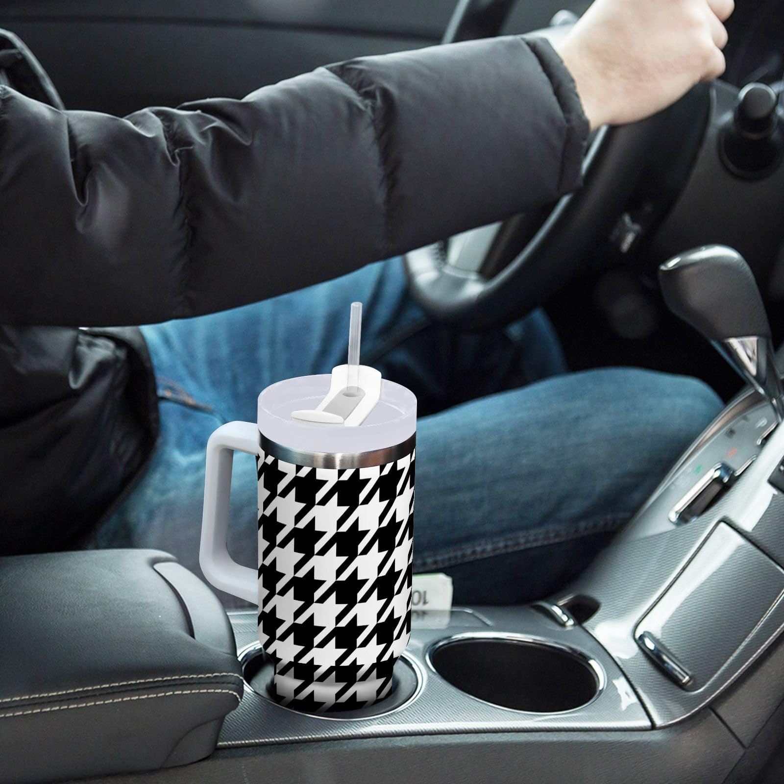 ZZXXB Black and White Houndstooth Insulated Stainless Steel Water Bottle with Handle and Straw Lid Double Walled Travel Mug 40 oz