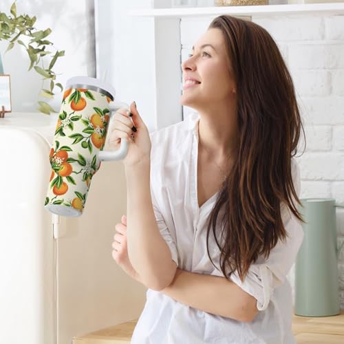 ZZXXB Orange Florals Insulated Stainless Steel Water Bottle with Handle and Straw Lid Double Walled Travel Mug 40 oz