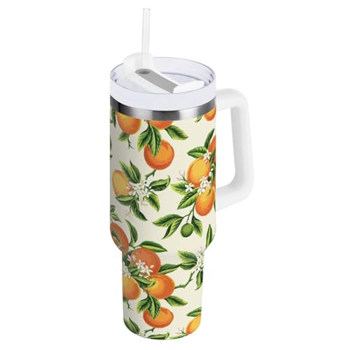 ZZXXB Orange Florals Insulated Stainless Steel Water Bottle with Handle and Straw Lid Double Walled Travel Mug 40 oz