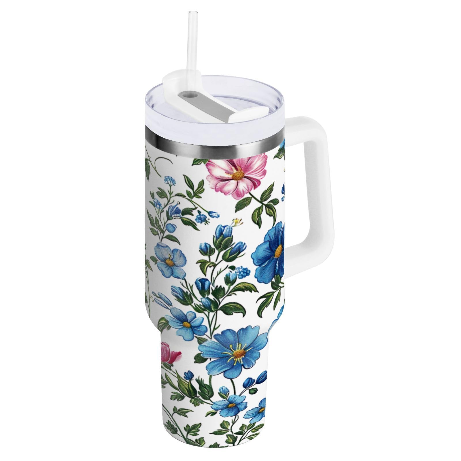 Msyxl 30 oz Insulated Stainless Steel Tumbler with Handle and Straw Lid - Leak-proof Coffee Mug for Men Women, Travel Mug Fits Cup Holder (Vintage Floral Pattern)
