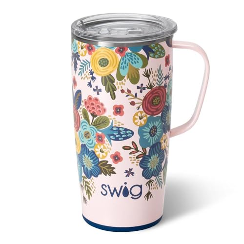 Swig Life 22oz Travel Mug, Insulated Tumbler with Handle and Lid, Cup Holder Friendly, Dishwasher Safe, Stainless Steel, Travel Coffee Cup, Insulated Mug with Lid (Bella Rosa)