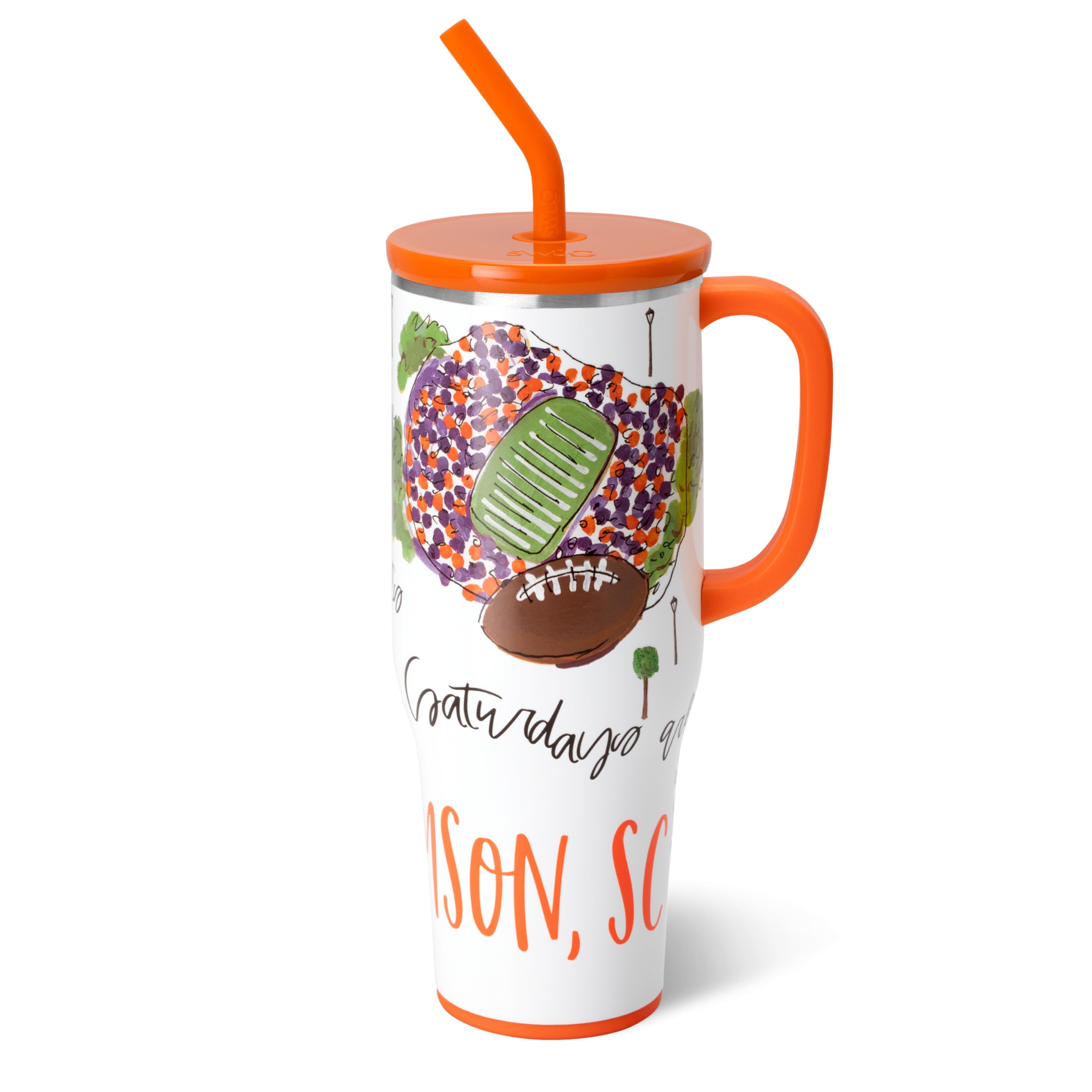 Swig Life 40oz Mega Mug, 40 oz Tumbler with Handle and Straw, Cup Holder Friendly, Dishwasher Safe, Extra Large Insulated Tumbler, Stainless Steel (Saturdays in Clemson)