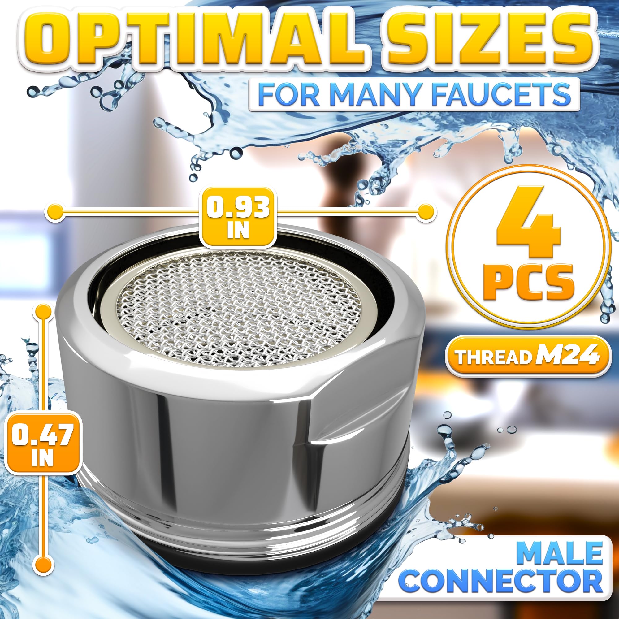 4Pcs Bathroom Faucet Aerator Replacement with Brass Shell - Kitchen Sink Aerator Faucet with Gasket - Kitchen Faucet Aerator Male Thread 15"/16" 24mm Bathroom Sink Aerator 2.2 GPM Faucet Aerator