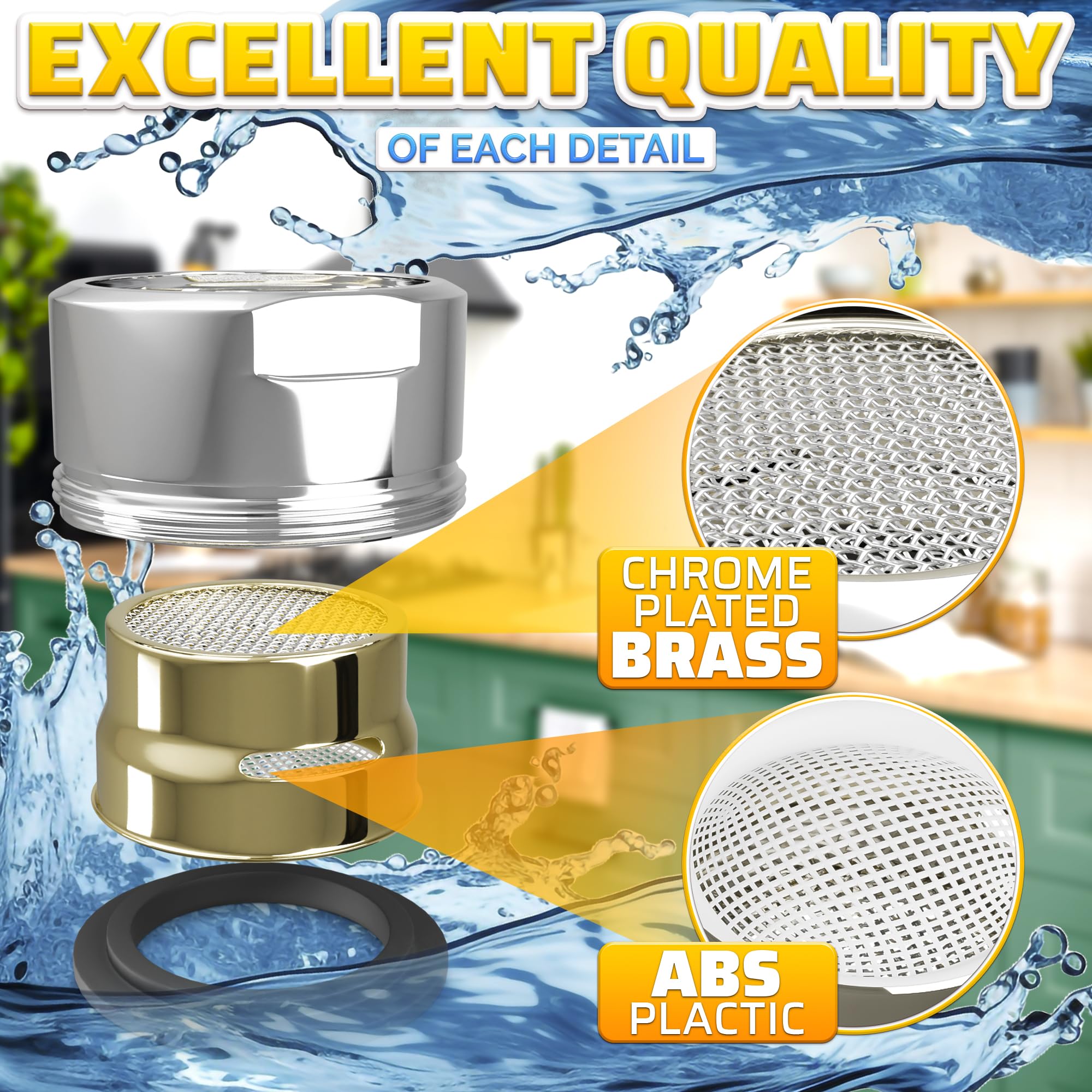 4Pcs Bathroom Faucet Aerator Replacement with Brass Shell - Kitchen Sink Aerator Faucet with Gasket - Kitchen Faucet Aerator Male Thread 15"/16" 24mm Bathroom Sink Aerator 2.2 GPM Faucet Aerator