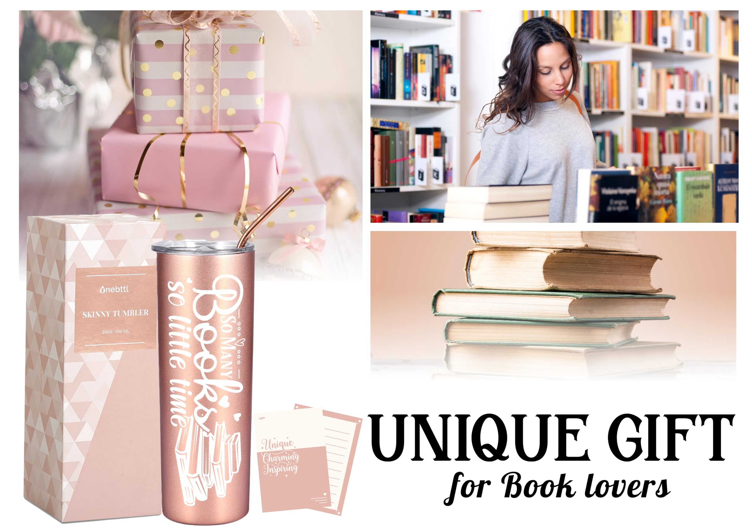 Onebttl 20oz Rose Gold Insulated Stainless Steel Book Lover's Tumbler with Straw and Lid - So Many Books, So Little Time
