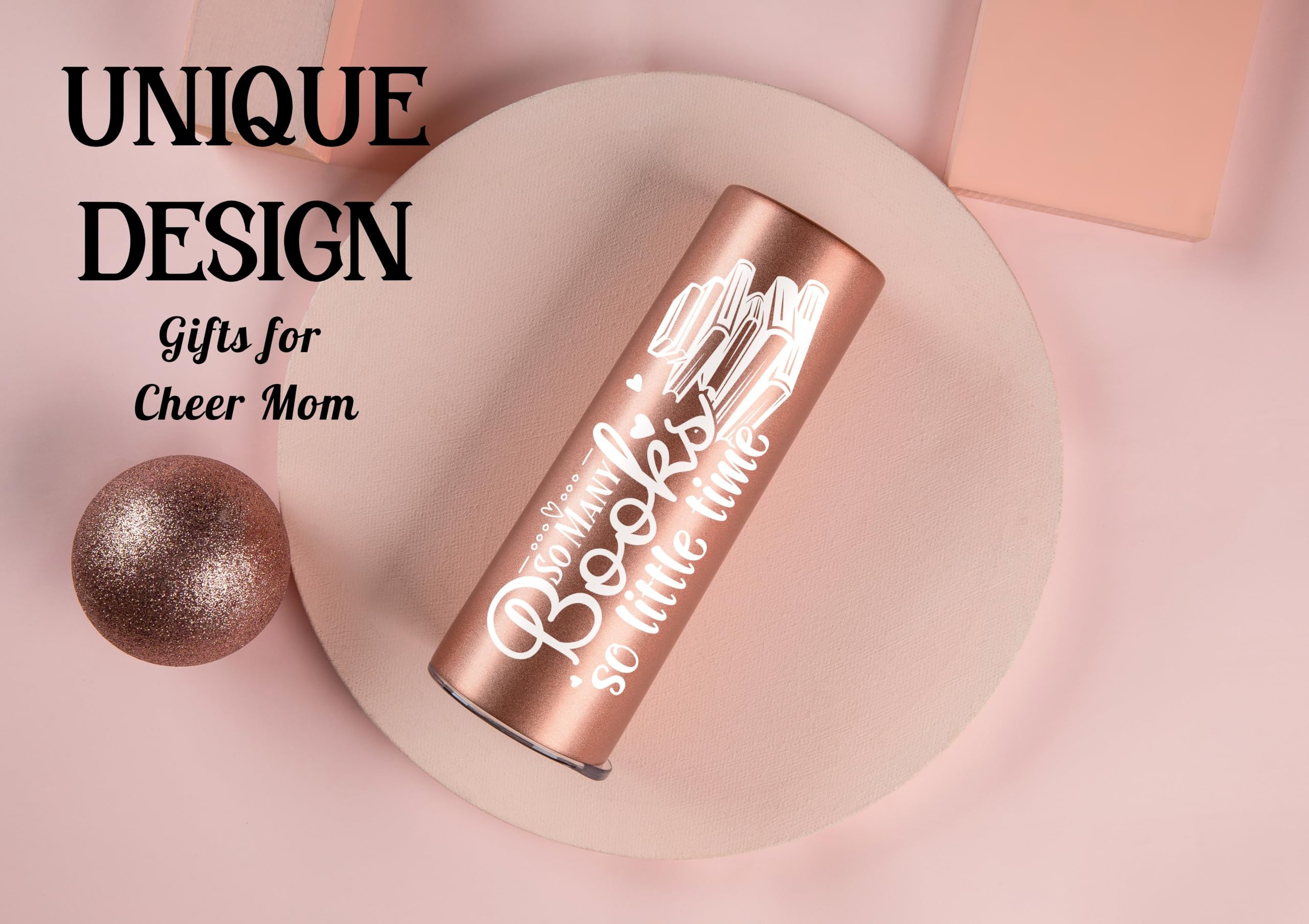 Onebttl 20oz Rose Gold Insulated Stainless Steel Book Lover's Tumbler with Straw and Lid - So Many Books, So Little Time