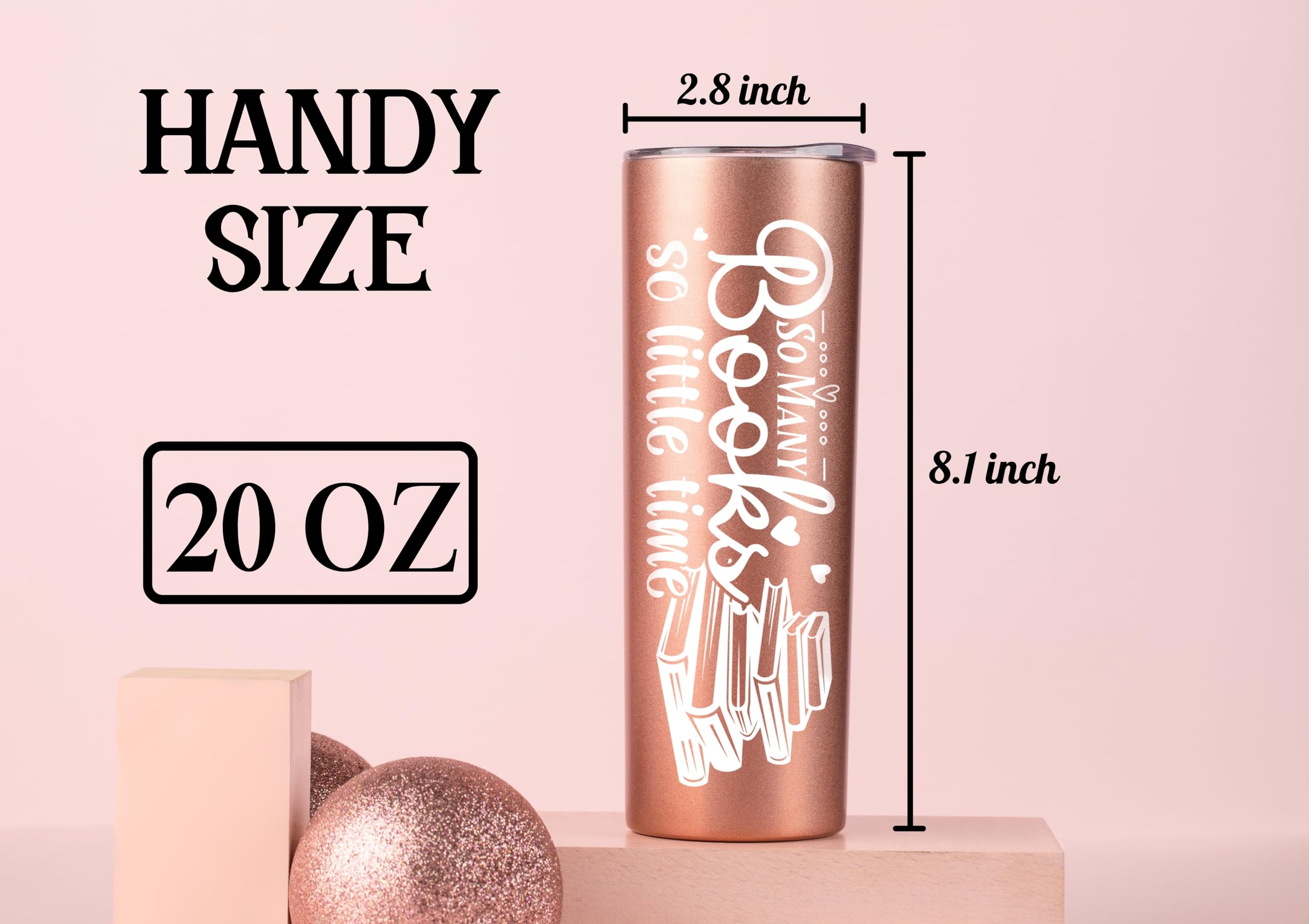 Onebttl 20oz Rose Gold Insulated Stainless Steel Book Lover's Tumbler with Straw and Lid - So Many Books, So Little Time