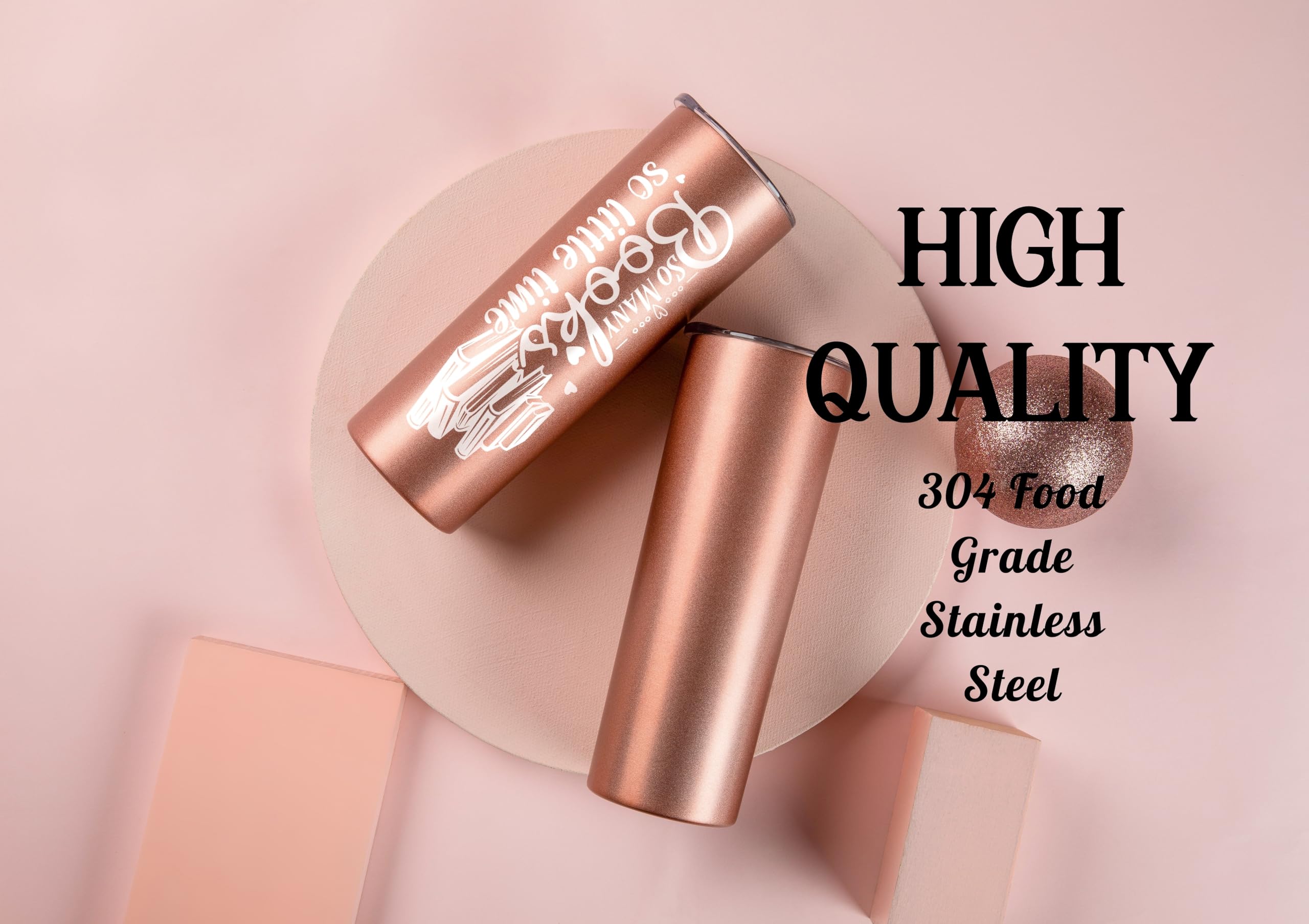 Onebttl 20oz Rose Gold Insulated Stainless Steel Book Lover's Tumbler with Straw and Lid - So Many Books, So Little Time