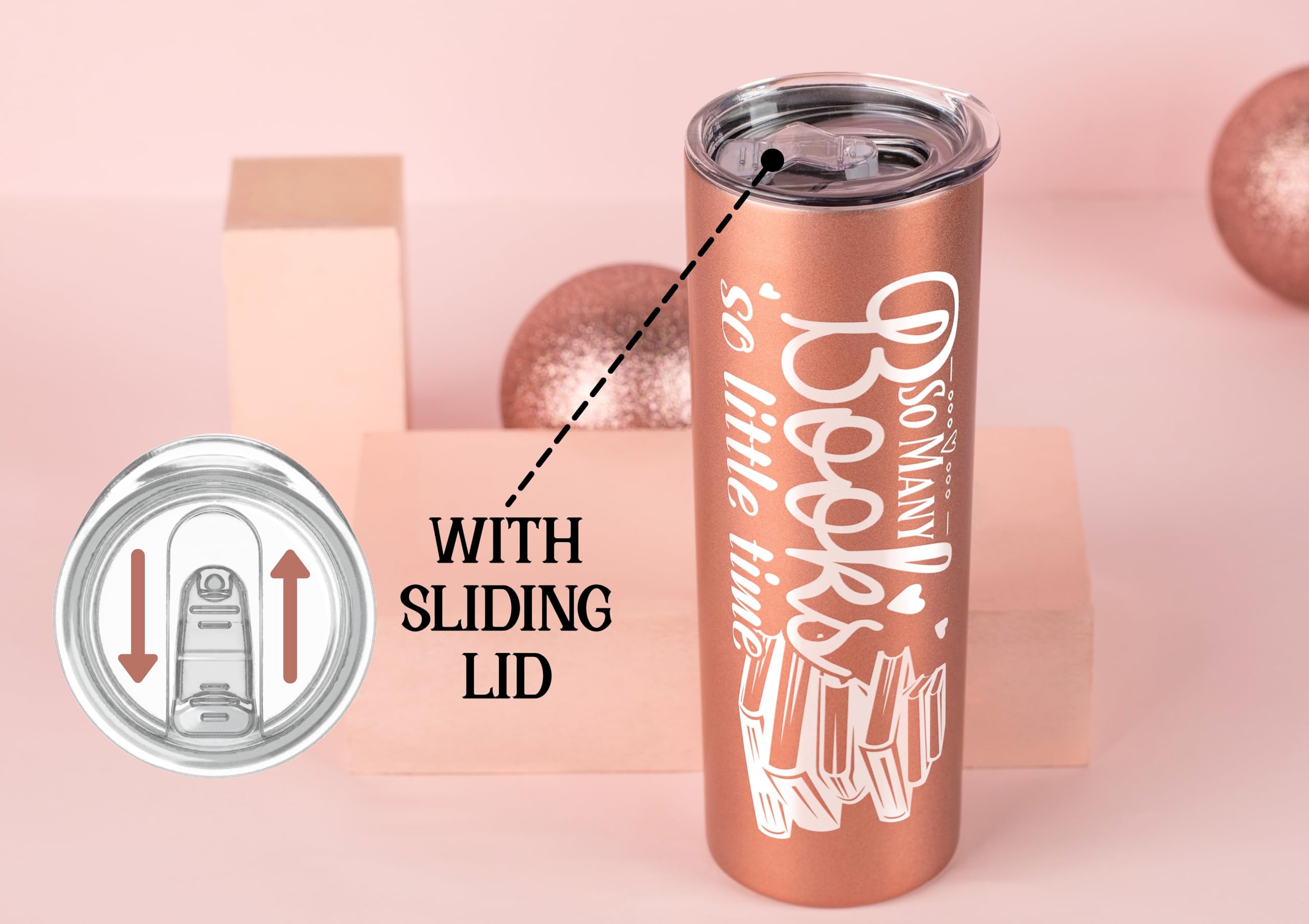Onebttl 20oz Rose Gold Insulated Stainless Steel Book Lover's Tumbler with Straw and Lid - So Many Books, So Little Time