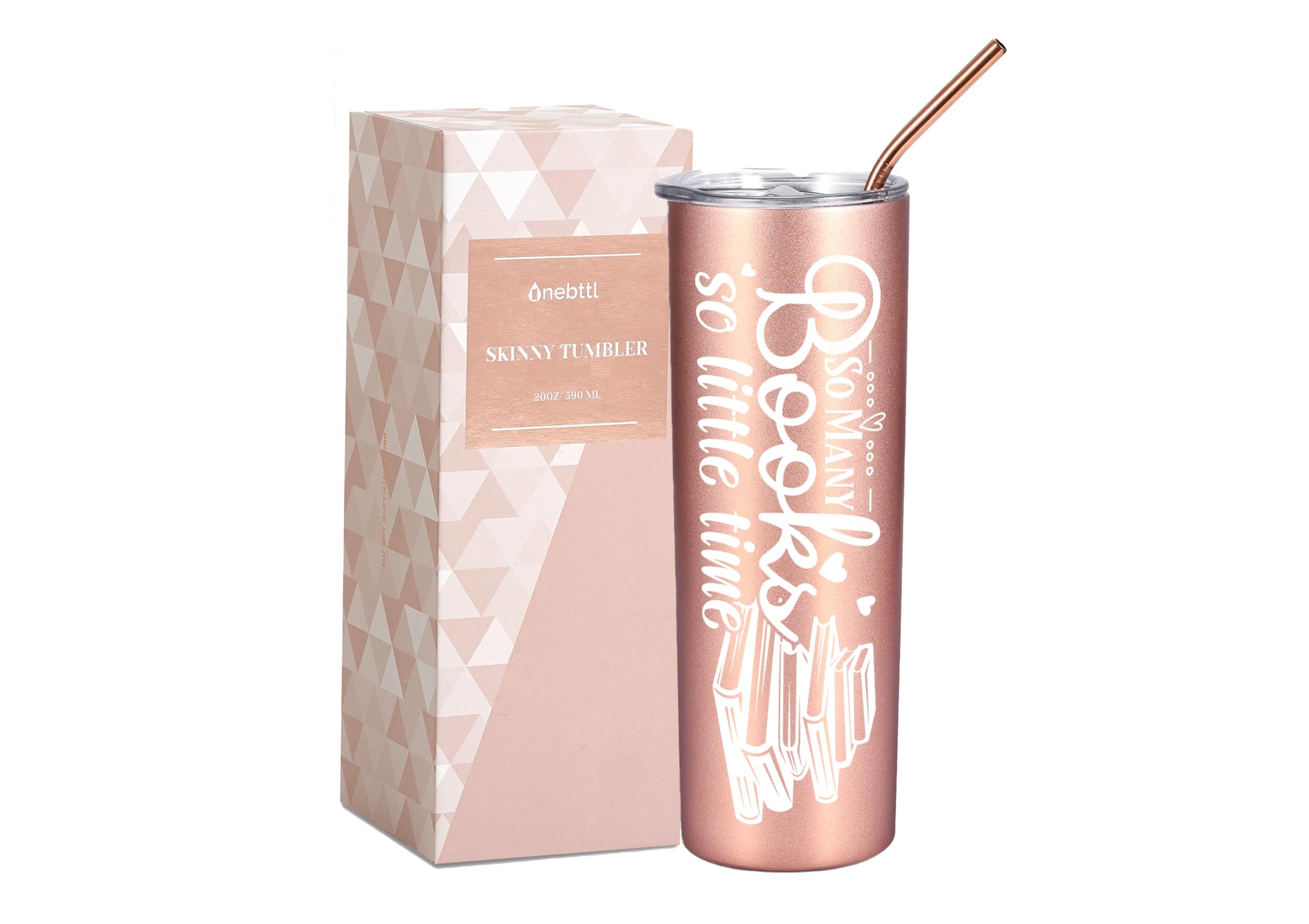 Onebttl 20oz Rose Gold Insulated Stainless Steel Book Lover's Tumbler with Straw and Lid - So Many Books, So Little Time