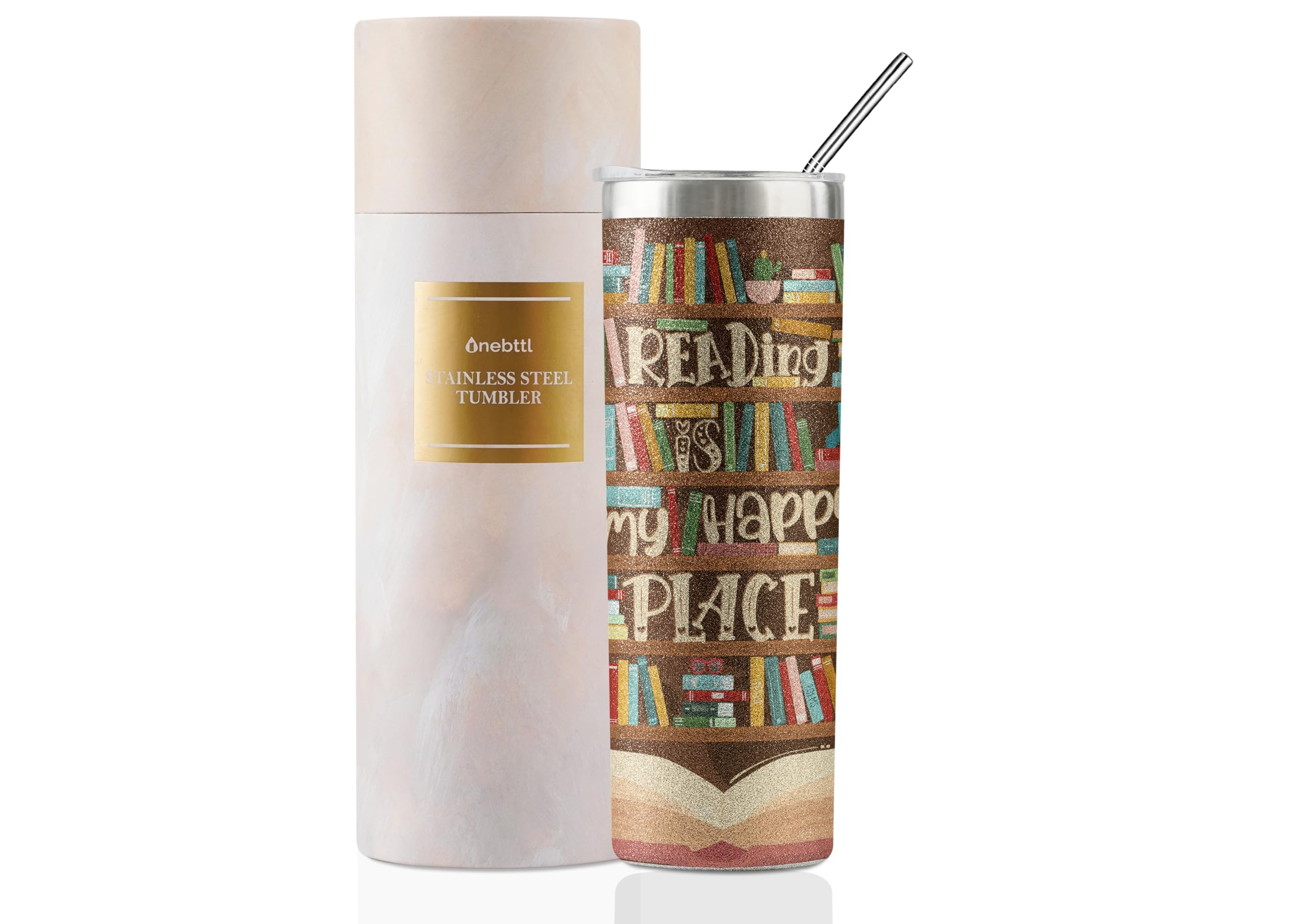 Onebttl Book Lovers Gifts For Women - 20oz/590ml Stainless Steel Insulated Tumbler with Straw, Lid - Reading Gifts for Book Worm, Librarians, Readers - Bookshelf Glitter