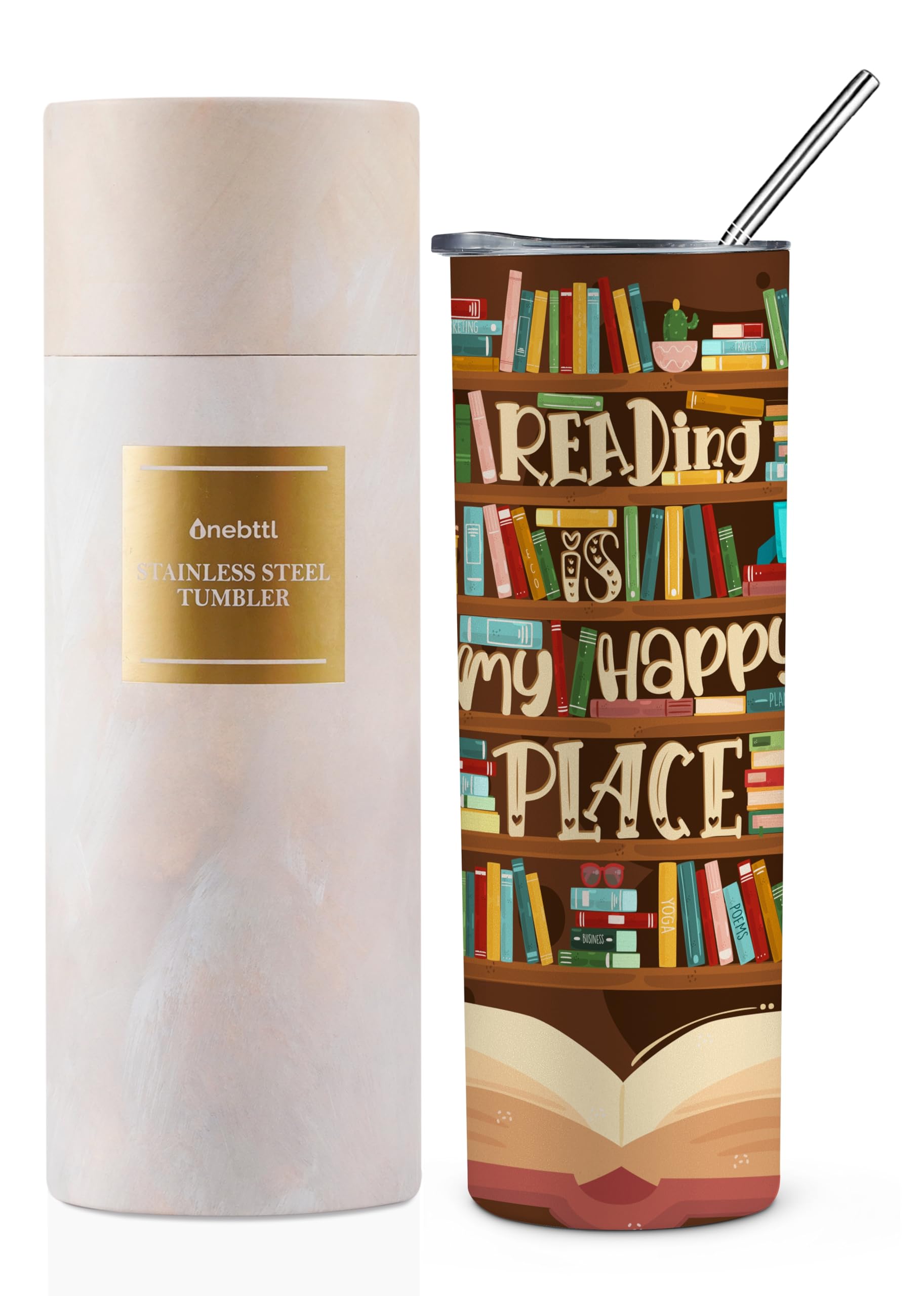 Onebttl Book Lovers Gifts For Women - 20oz/590ml Stainless Steel Insulated Tumbler with Straw, Lid - Reading Gifts for Book Worm, Librarians, Readers - Bookshelf