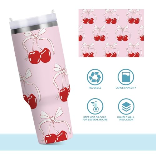 OTVEE 30oz Cherry Bow Tie Ribbon Tumbler with Handle and Straw, Double Wall Vacuum Reusable Stainless Steel Insulated Water Bottle Travel Mug Cup for Hot and Cold Drinks
