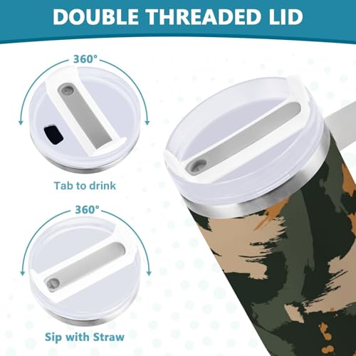 GKCLOCK 40 oz Tumbler with Handle and Straws, Insulated Reusable Stainless Steel Travel Coffee Mug Water Bottle for Office & Outdoor, Cupholder Friendly (Camouflage Style)
