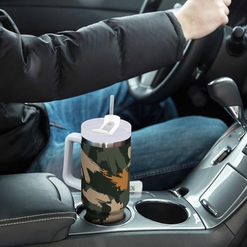 GKCLOCK 40 oz Tumbler with Handle and Straws, Insulated Reusable Stainless Steel Travel Coffee Mug Water Bottle for Office & Outdoor, Cupholder Friendly (Camouflage Style)