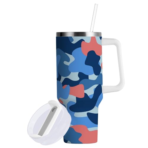 GKCLOCK 40 oz Tumbler with Handle and Straws, Insulated Reusable Stainless Steel Travel Coffee Mug Water Bottle for Office & Outdoor, Cupholder Friendly (Blue Camouflage)