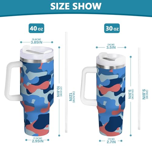 GKCLOCK 40 oz Tumbler with Handle and Straws, Insulated Reusable Stainless Steel Travel Coffee Mug Water Bottle for Office & Outdoor, Cupholder Friendly (Blue Camouflage)