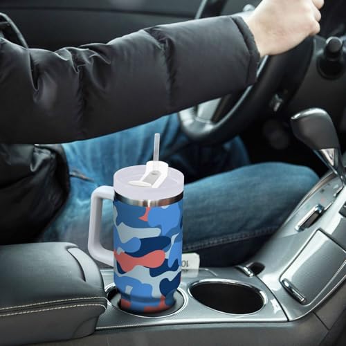 GKCLOCK 40 oz Tumbler with Handle and Straws, Insulated Reusable Stainless Steel Travel Coffee Mug Water Bottle for Office & Outdoor, Cupholder Friendly (Blue Camouflage)