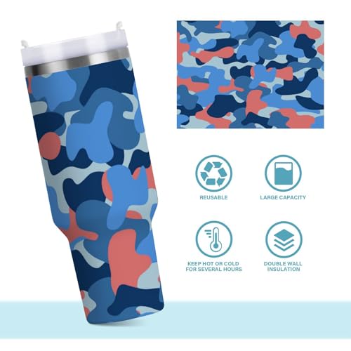 GKCLOCK 40 oz Tumbler with Handle and Straws, Insulated Reusable Stainless Steel Travel Coffee Mug Water Bottle for Office & Outdoor, Cupholder Friendly (Blue Camouflage)