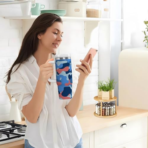 GKCLOCK 40 oz Tumbler with Handle and Straws, Insulated Reusable Stainless Steel Travel Coffee Mug Water Bottle for Office & Outdoor, Cupholder Friendly (Blue Camouflage)