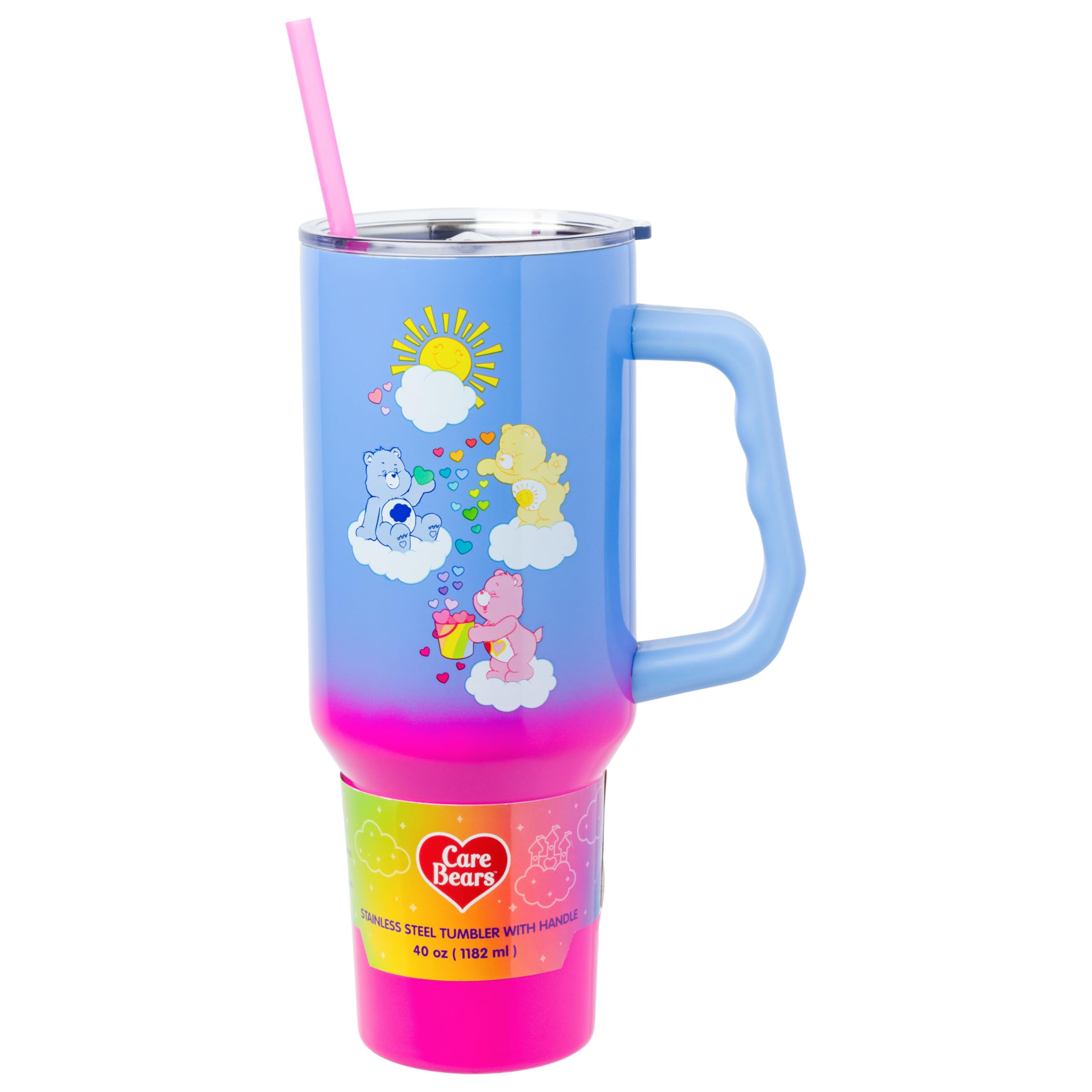 Silver Buffalo Care Bears Featuring Grumpy Bear, Funshine Bear, and Love-A-Lot Bear Heart Showers Ombre Stainless Steel Tumbler with Handle and Straw, Fits in Standard Cup Holder, 40 Ounces