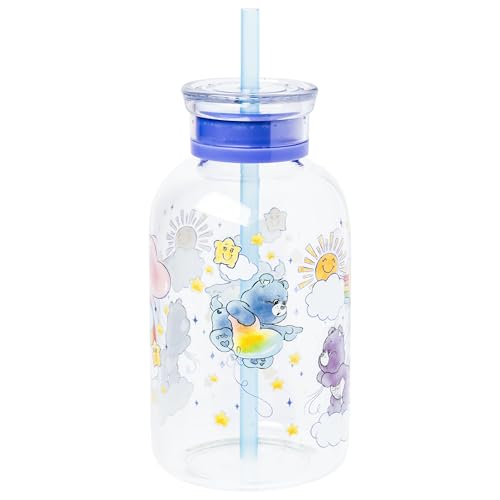 Silver Buffalo Care Bears Glass Milk Bottle with Straw Featuring Share Bear and Goodnight Bear, 15 Ounces