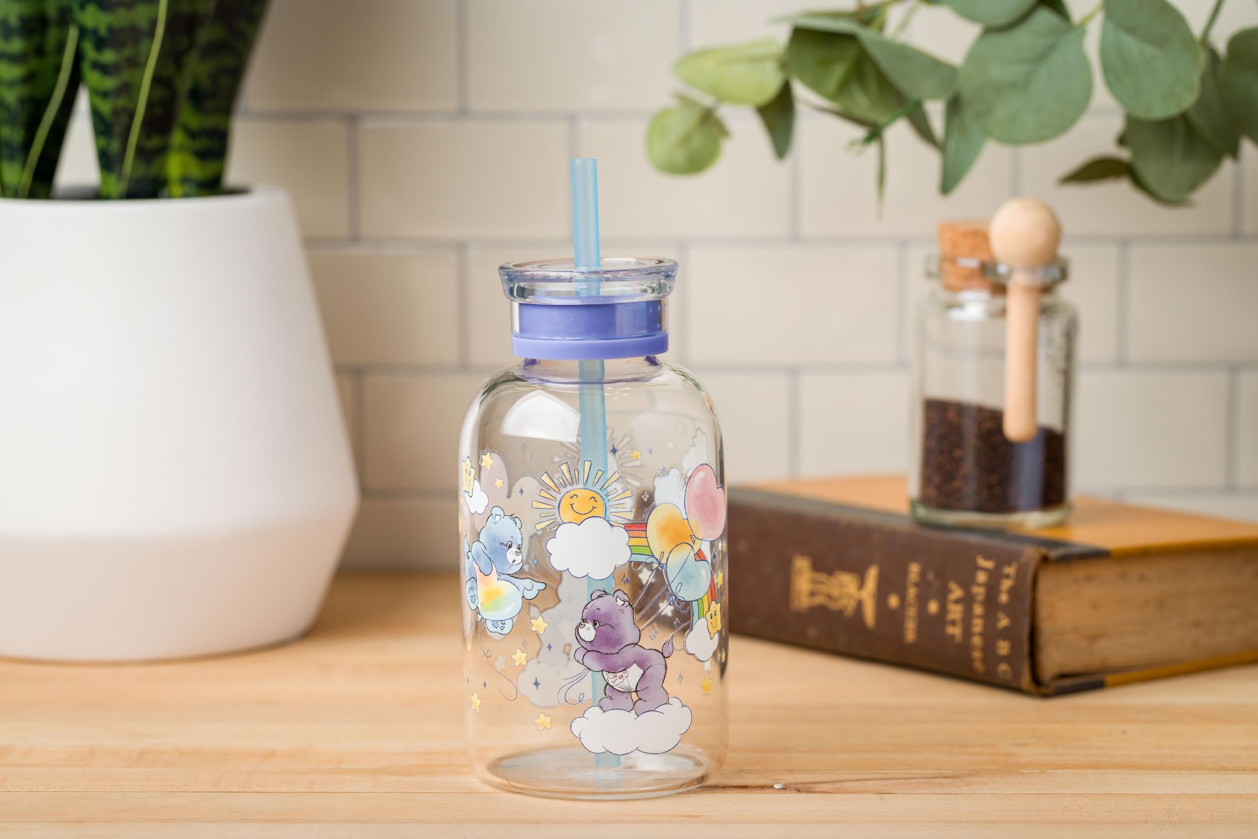 Silver Buffalo Care Bears Glass Milk Bottle with Straw Featuring Share Bear and Goodnight Bear, 15 Ounces