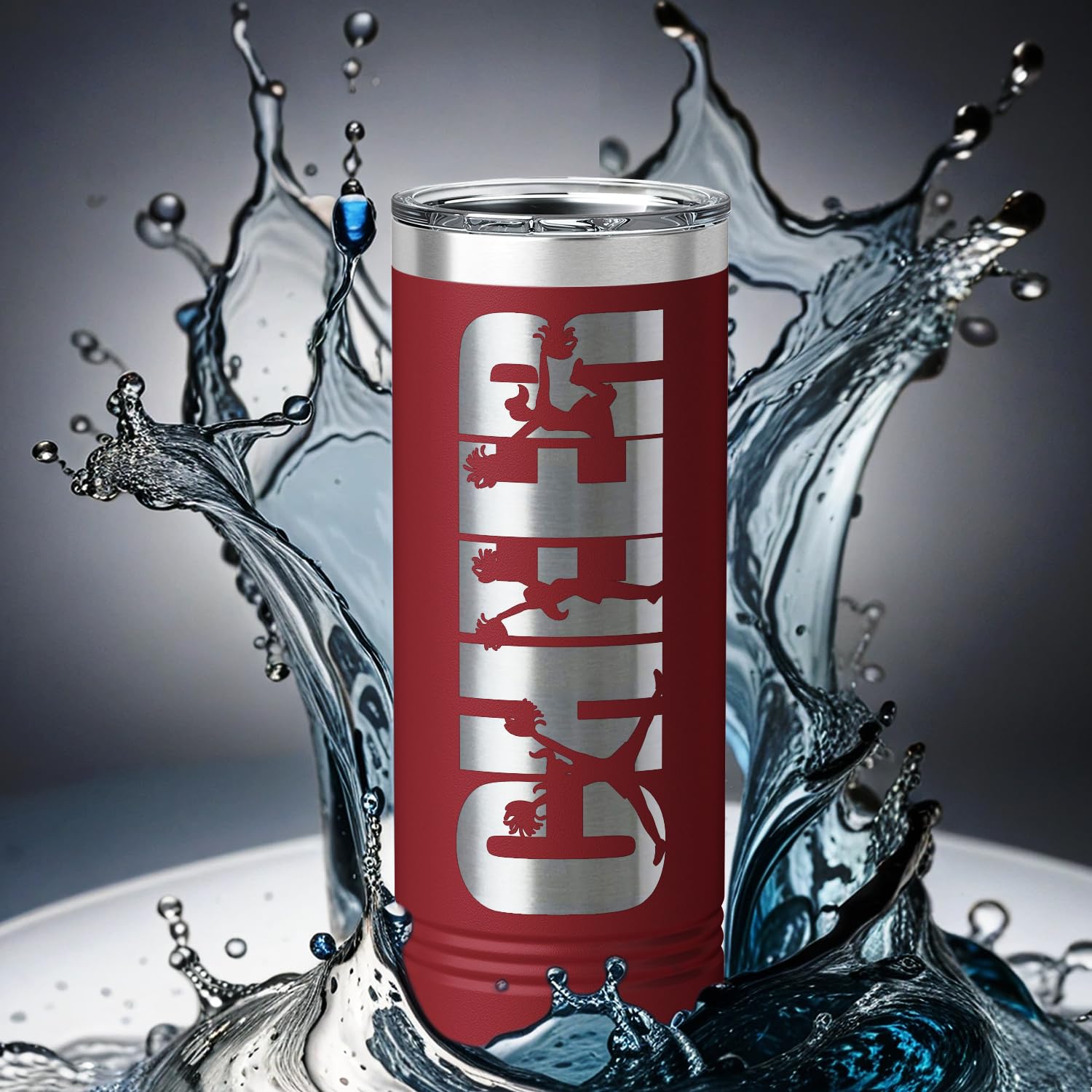 Cuptify Cheer Tumbler with Lid Laser Engraved on Maroon 22 oz Skinny Cup for Cheerleader Vacuum Insulated Birthday Gift for Cheerleading, Cheer Squad, Women