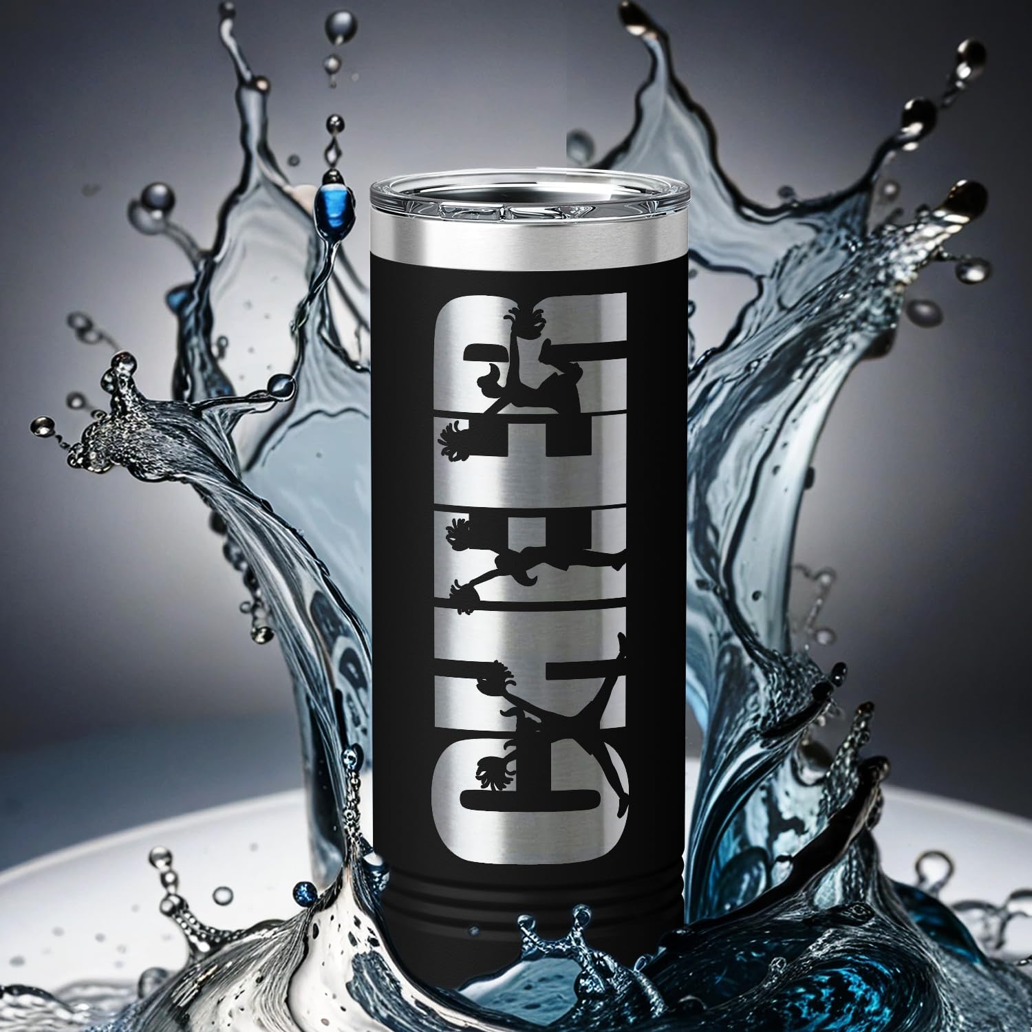 Cuptify Cheer Tumbler with Lid Laser Engraved on Black 22 oz Skinny Cup for Cheerleader Vacuum Insulated Birthday Gift for Cheerleading, Cheer Squad, Women