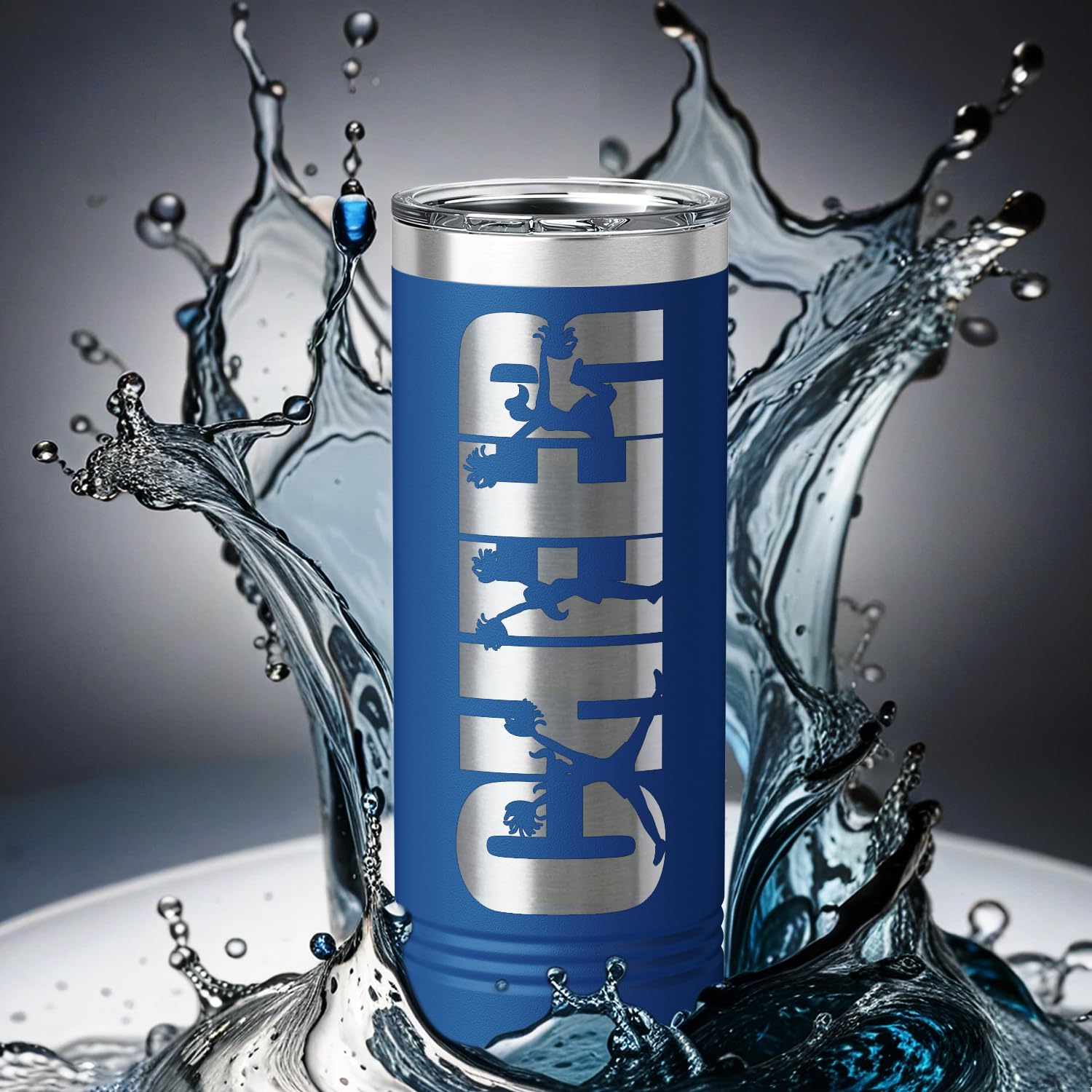 Cuptify Cheer Tumbler with Lid Laser Engraved on Blue 22 oz Skinny Cup for Cheerleader Vacuum Insulated Birthday Gift for Cheerleading, Cheer Squad, Women