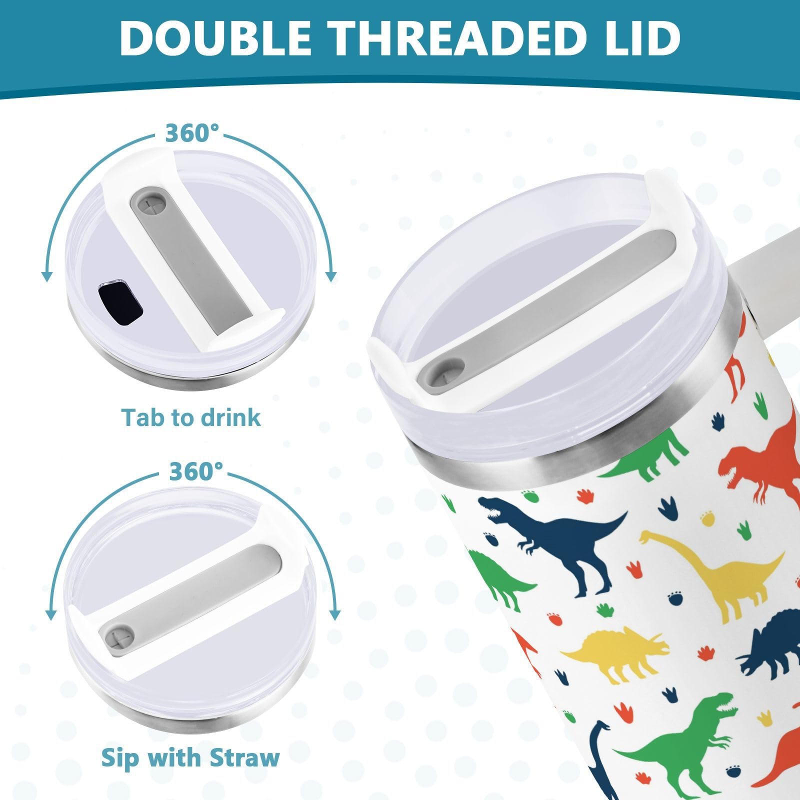ZZXXB Dinosaur Colorful Pattern Insulated Stainless Steel Water Bottle with Handle and Straw Lid Double Walled Travel Mug 40 oz