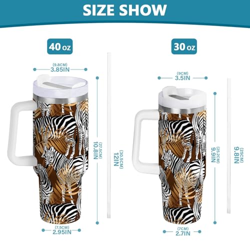 Zebra Palm Leaves Insulated Stainless Steel Water Bottle with Handle and Straw Lid Double Walled Travel Mug 40 oz