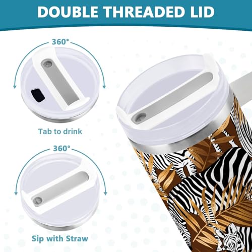 Zebra Palm Leaves Insulated Stainless Steel Water Bottle with Handle and Straw Lid Double Walled Travel Mug 40 oz