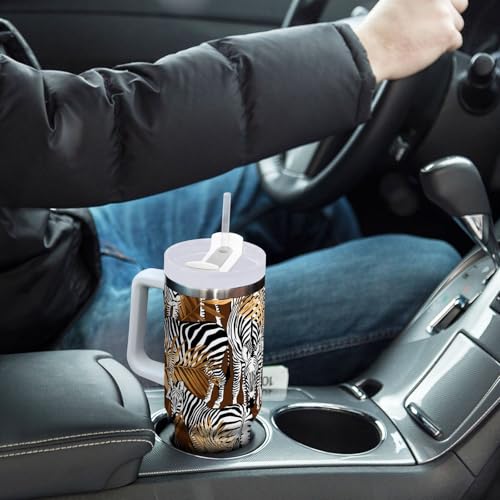 Zebra Palm Leaves Insulated Stainless Steel Water Bottle with Handle and Straw Lid Double Walled Travel Mug 40 oz