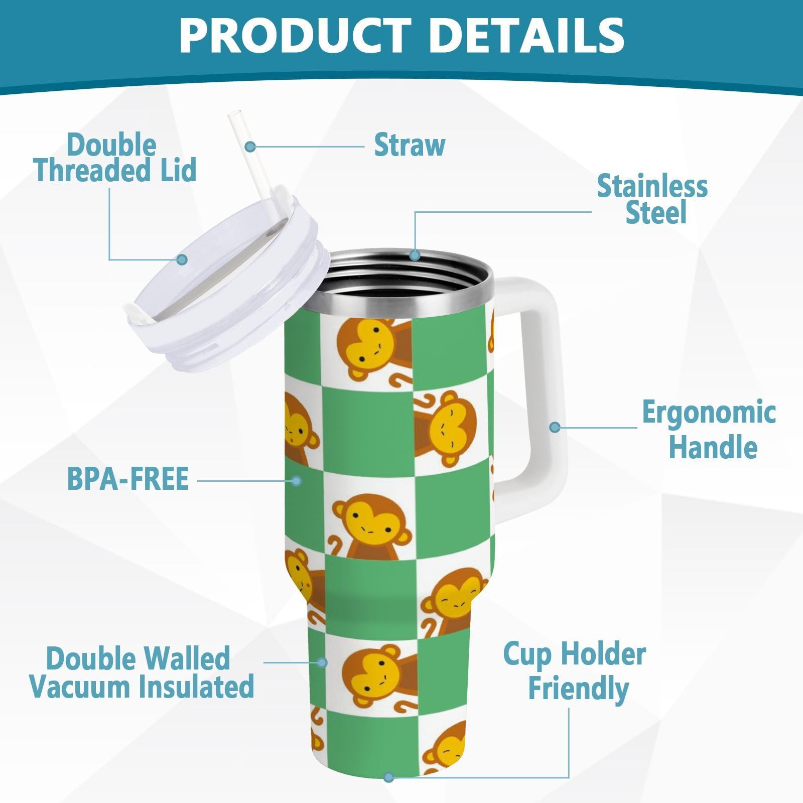 ZZXXB Monkey Plaid Print Insulated Stainless Steel Water Bottle with Handle and Straw Lid Double Walled Travel Mug 30 oz