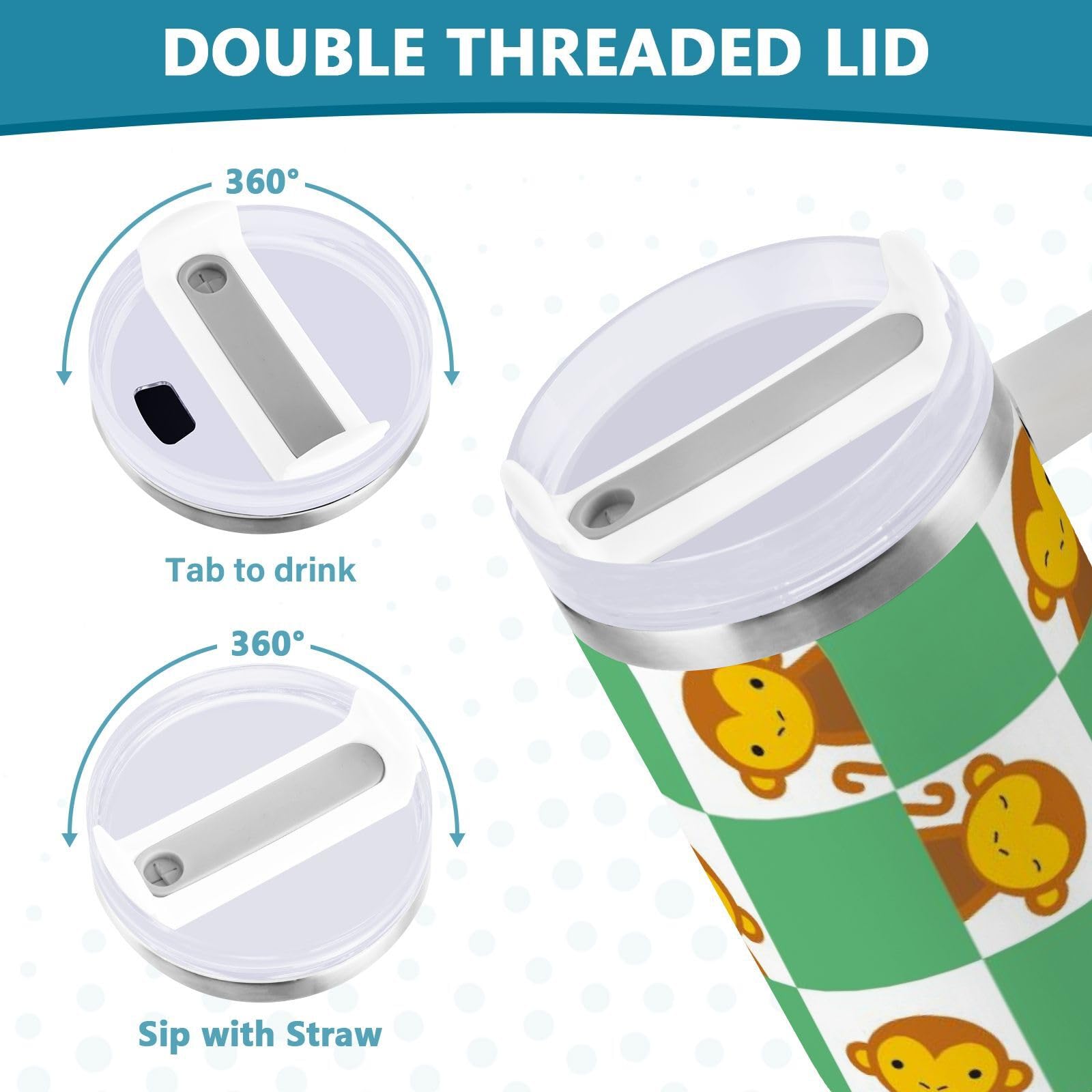 ZZXXB Monkey Plaid Print Insulated Stainless Steel Water Bottle with Handle and Straw Lid Double Walled Travel Mug 30 oz
