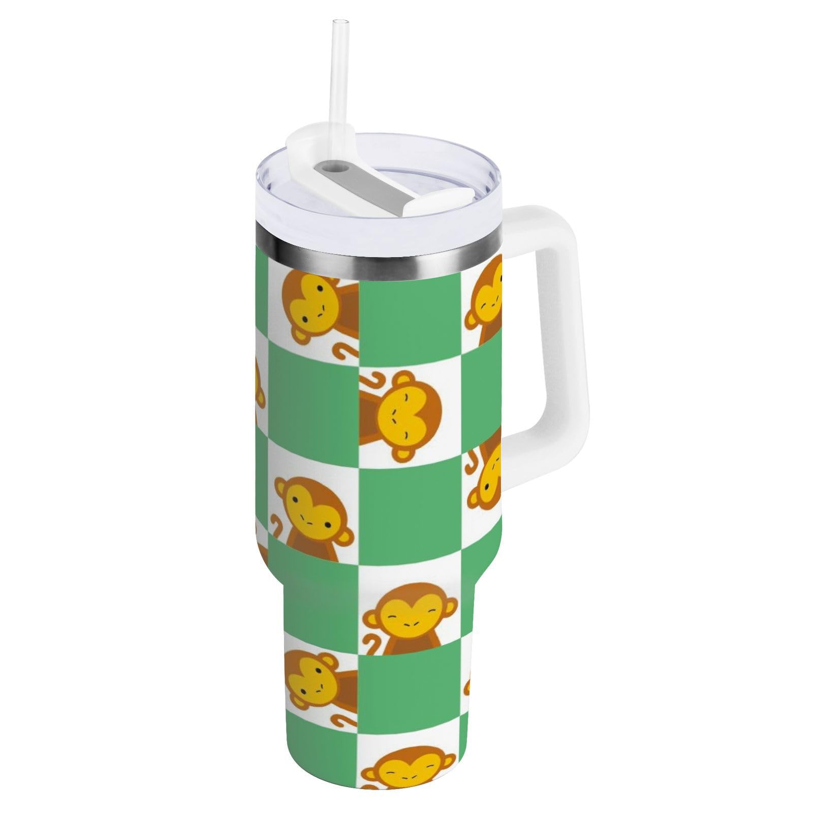 ZZXXB Monkey Plaid Print Insulated Stainless Steel Water Bottle with Handle and Straw Lid Double Walled Travel Mug 30 oz