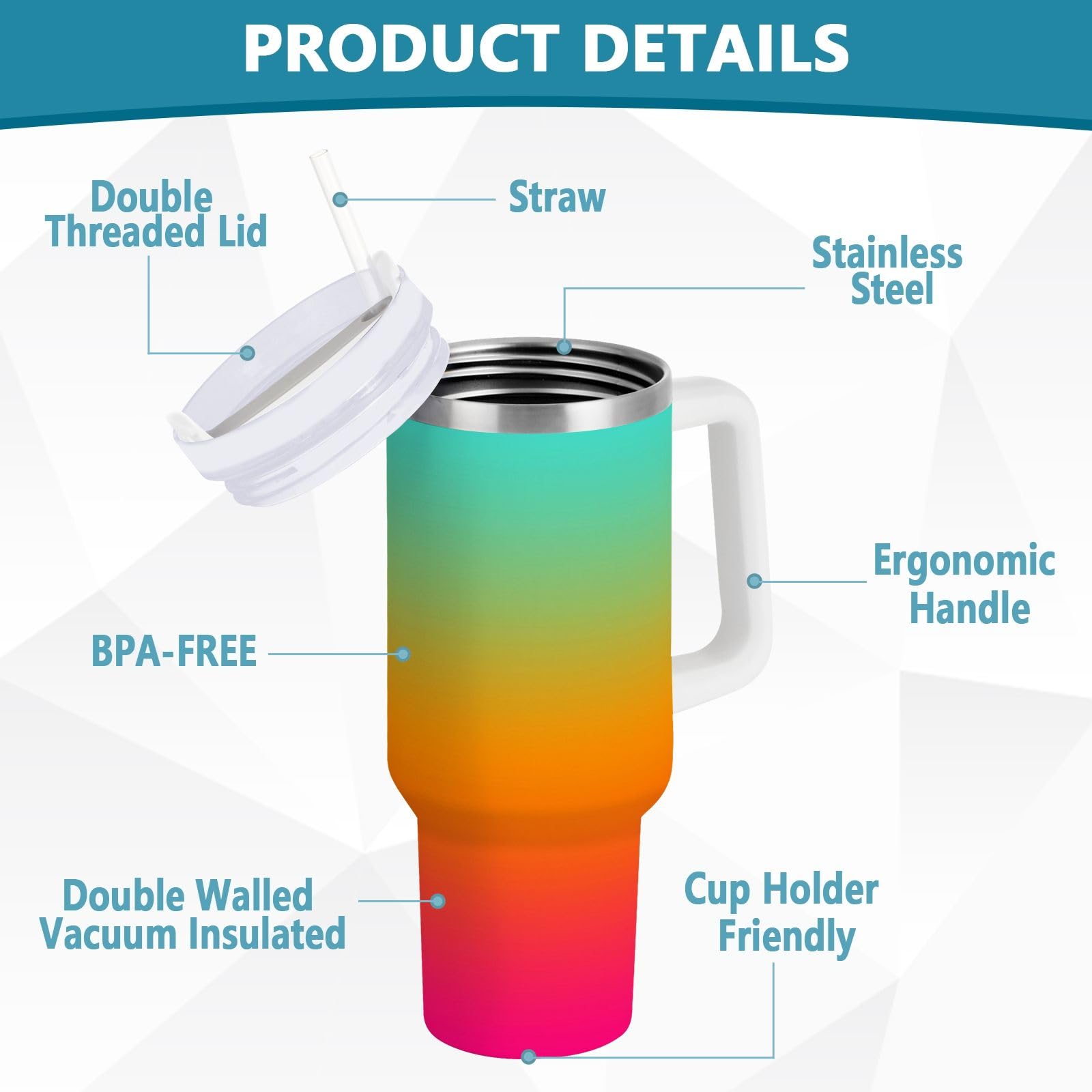 Teal Orange Pink Gradient 40 Oz Travel Tumbler with Straw and Lid Insulated Coffee Cups